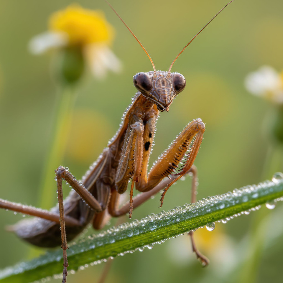 Praying Mantis Hunting on Dewy Grass Macro Google Gemini Prompt ...