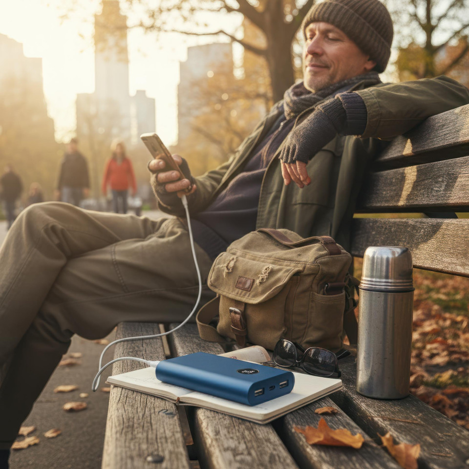Portable Charger Used on Park Bench During Urban Break Google Gemini ...